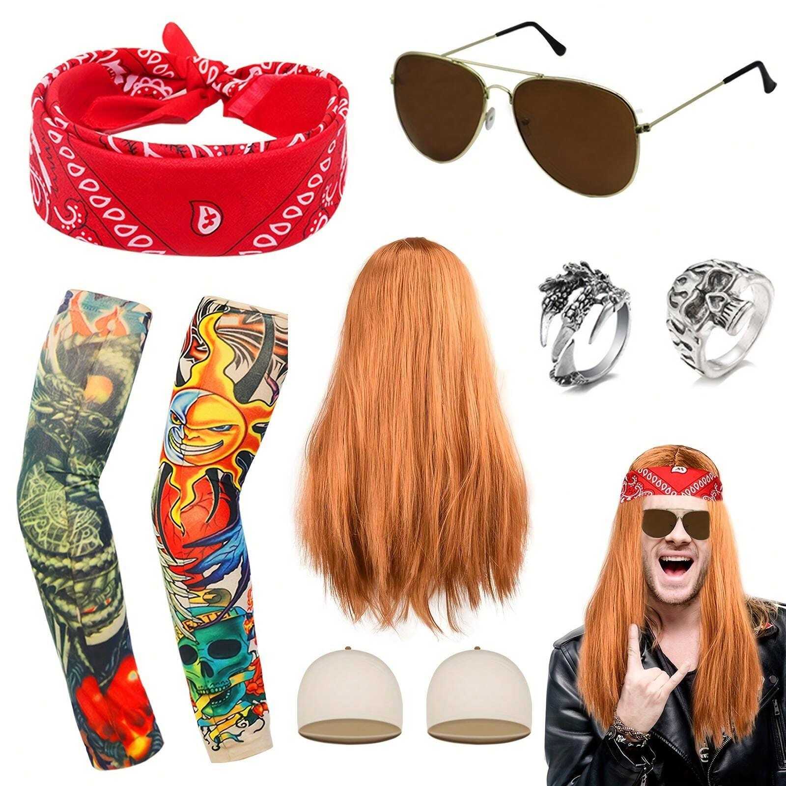 9Pcs Rock Star Heavy Metal Wig Set, Punk Gothic Rocker Costume ...