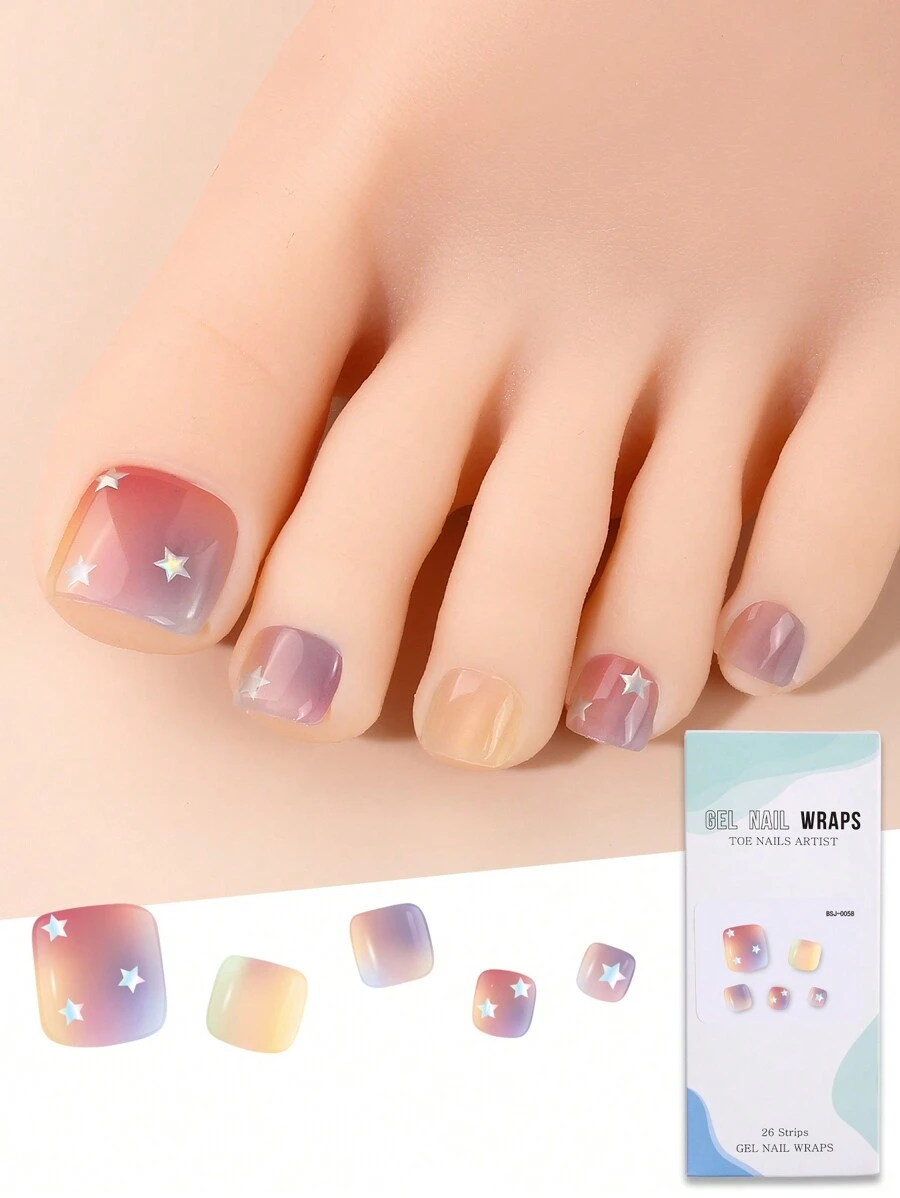26st Semi Cure Gel Toe Nail Strips, Spring Summer Holographic Stars ...