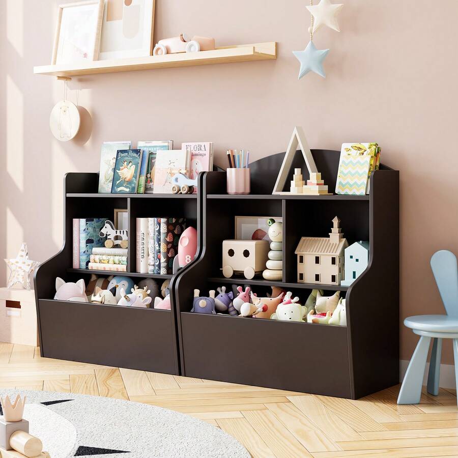 3-Tier Toy Storage Cabinet And Bookcase, Multi Shelf With Cubby ...