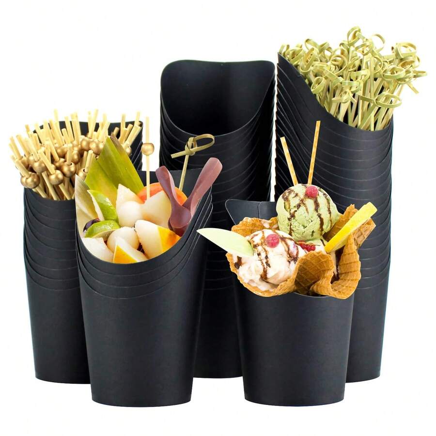 50pcs Black Thickened Disposable Food Cups With 100 Wooden Fruit Picks ...