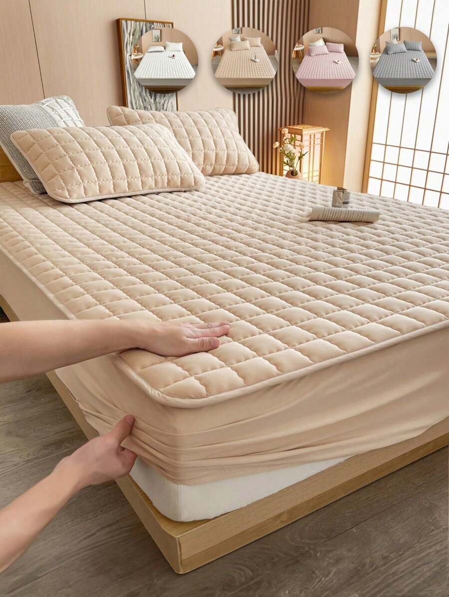 1pc Quilted Fitted Sheet, Solid Color Mattress Protector, All-Round ...