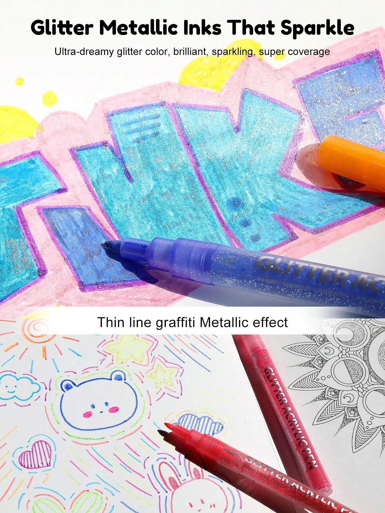 Set Of 12 Acrylic Glitter Markers, Campus Season Student Markers, Fiber ...