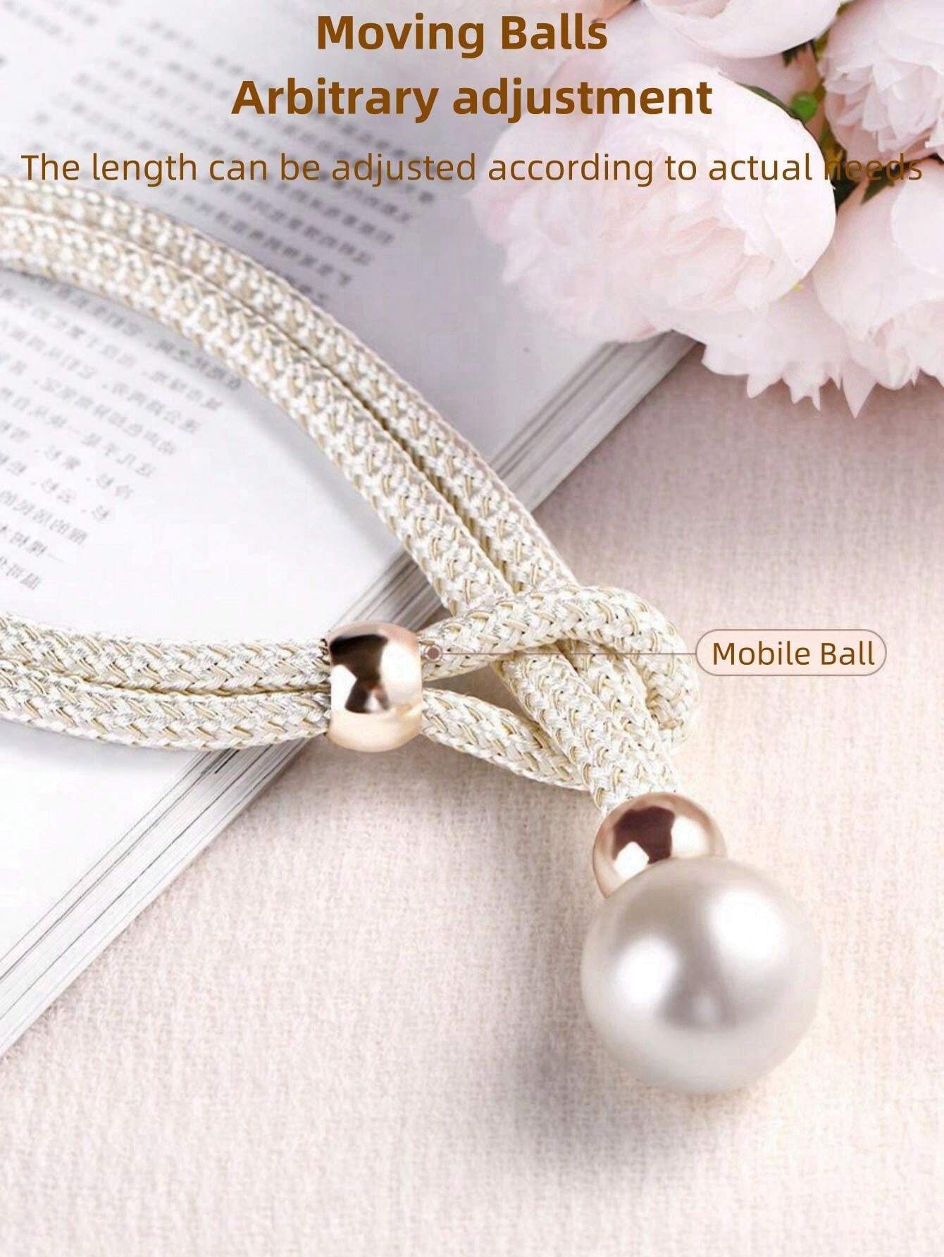 2pcs No-Drill Curtain Tiebacks, Pull-Type Pearl Tieback Ropes For Curtains, Adjustable Storage ...