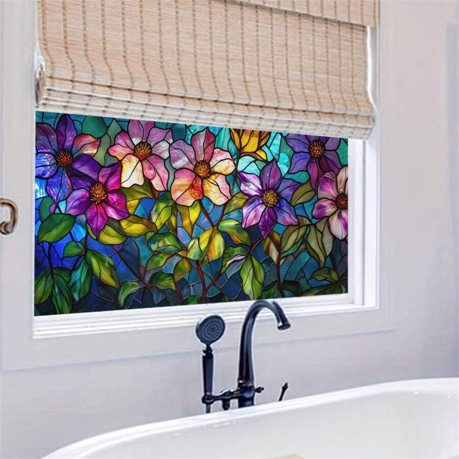 1PC Stained Glass Window Film, Flower Pattern Static Cling Decorative ...