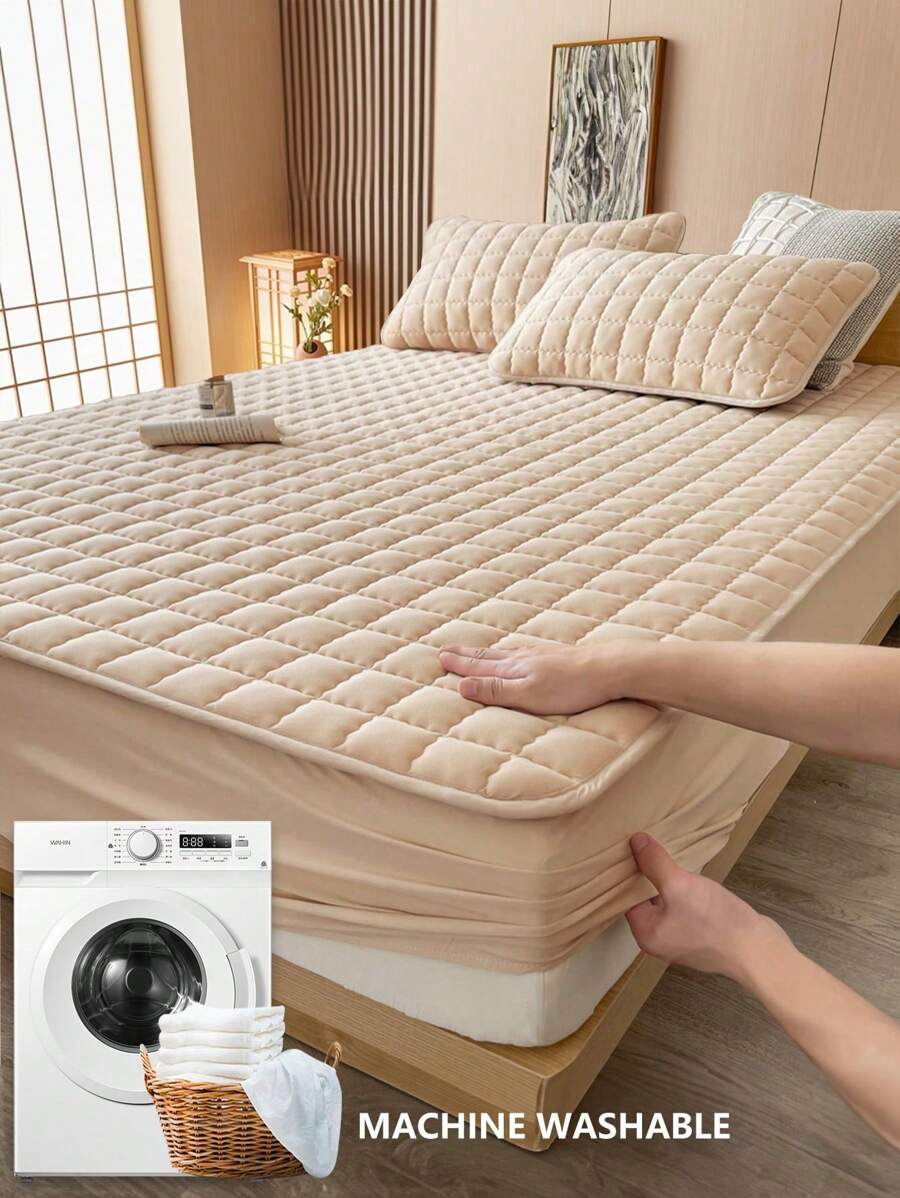 1pc Quilted Fitted Sheet, Solid Color Mattress Protector, All-Round ...