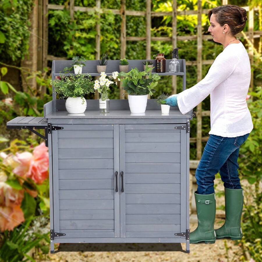 Wooden Outdoor Potting Bench With Storage Cabinet & Galvanized Tabletop ...