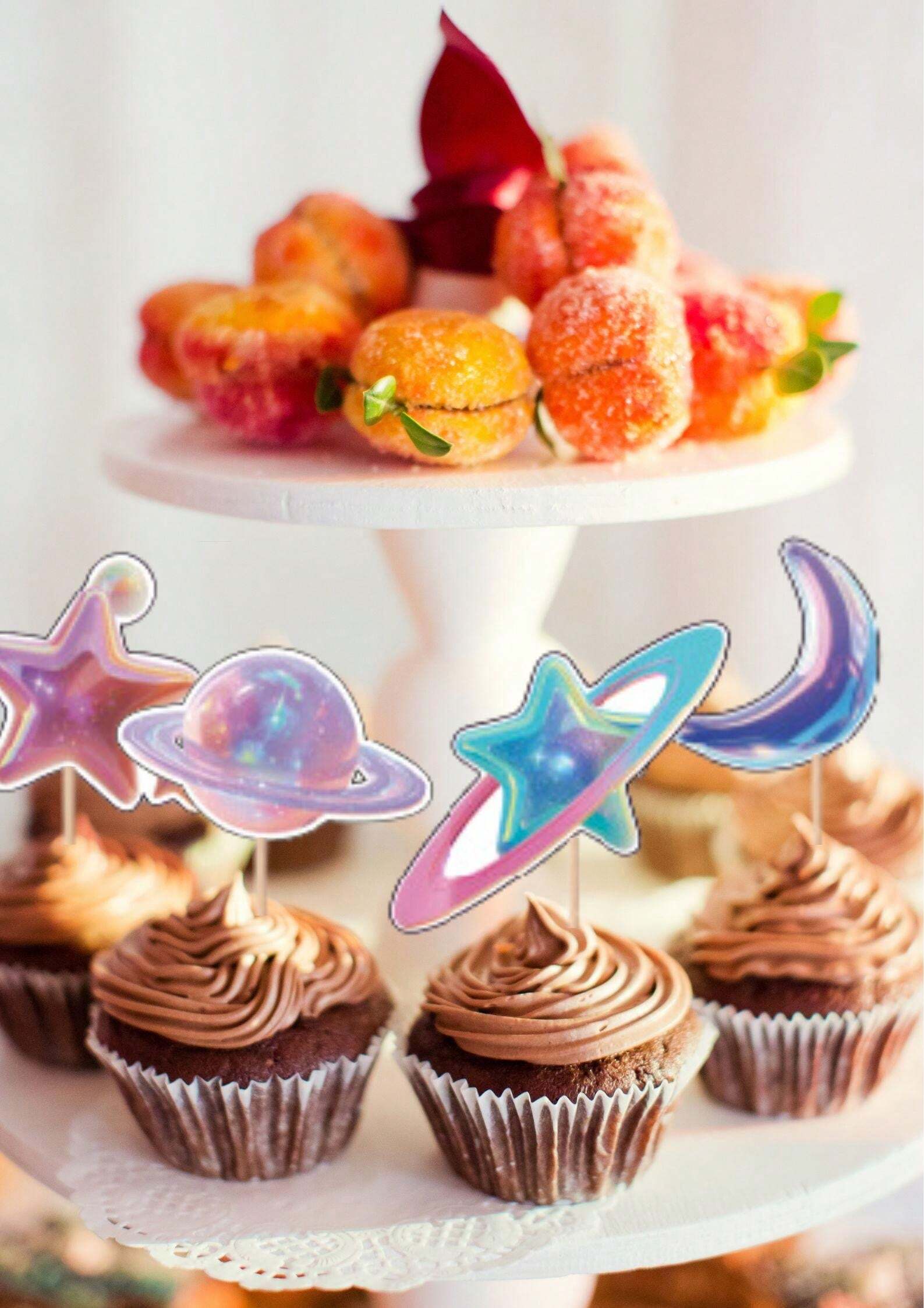 8 peças Topper de Bolo com Padrão de Planetas e Estrelas, para Festa de ...