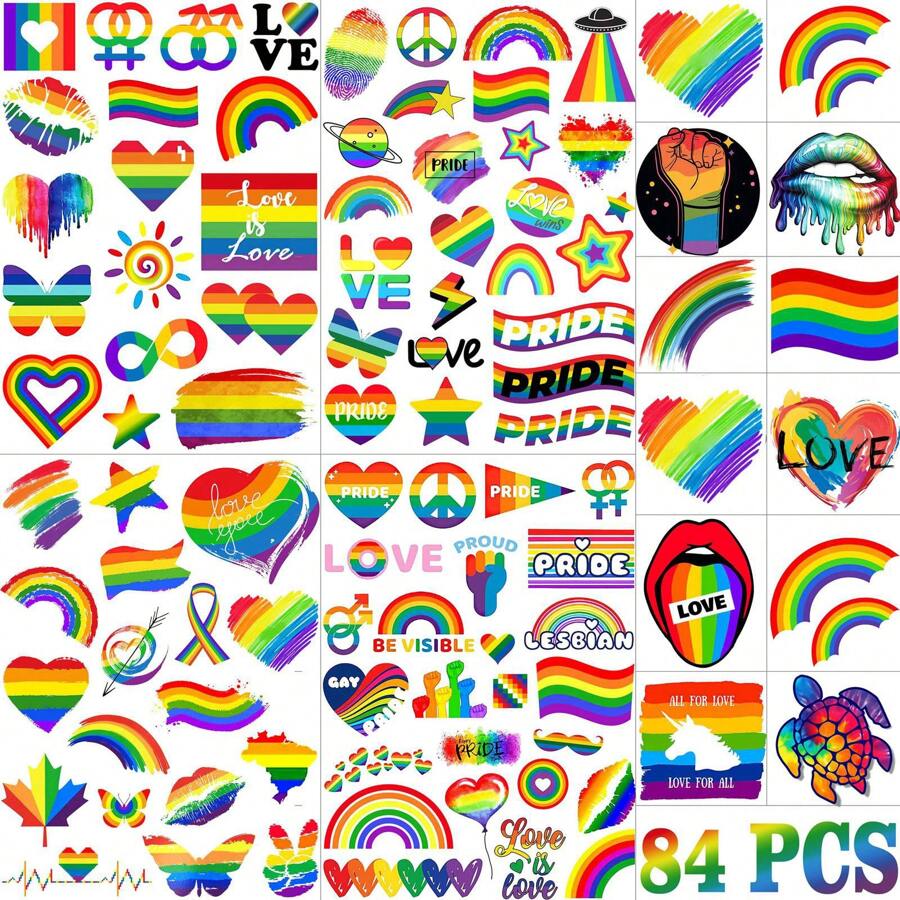 5 Sheets 84pcs Pride Temporary Tattoos For Adults, Rainbow Temporary ...