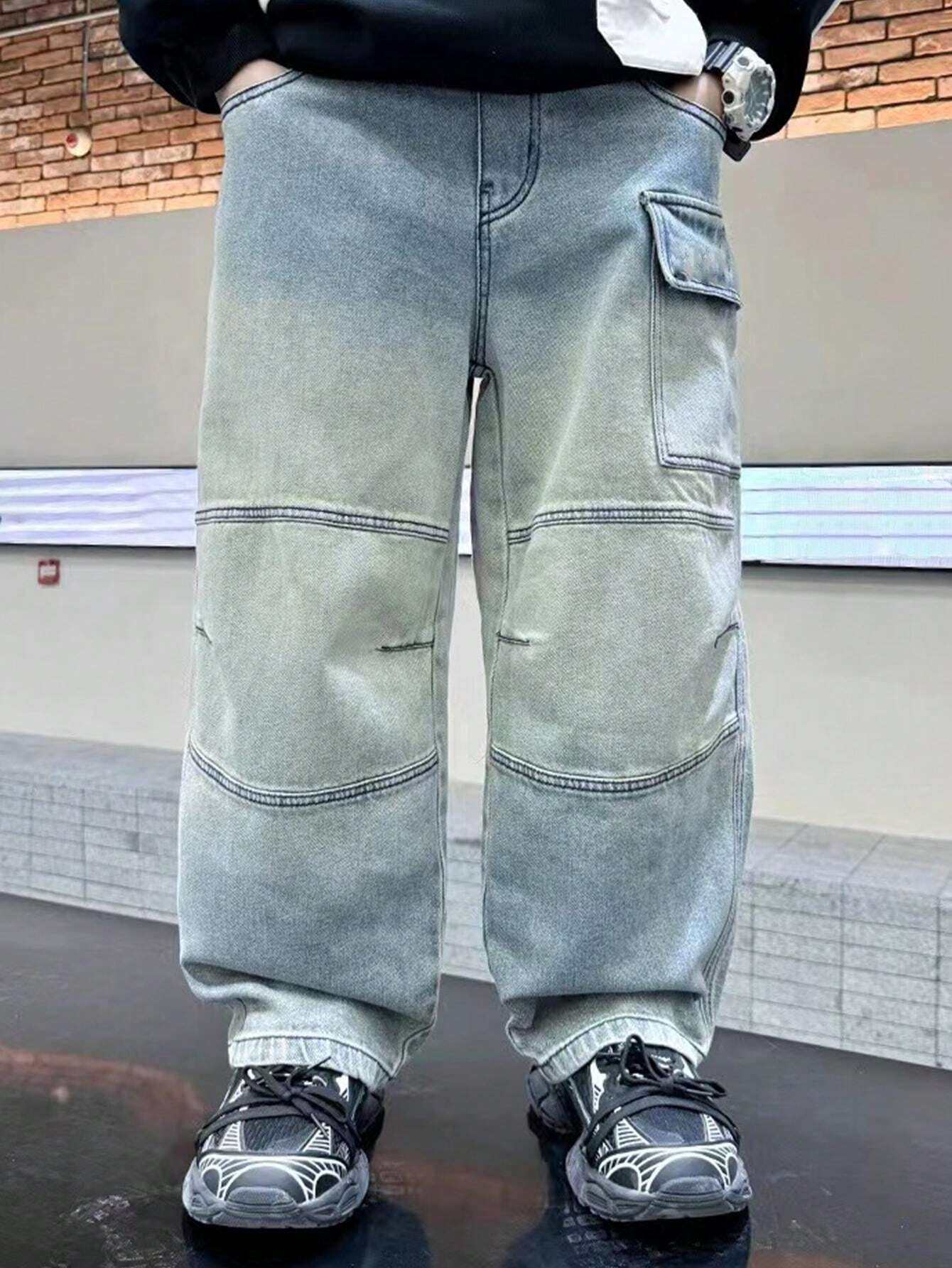 Teen Boy Casual Workwear Style Baggy Jeans, Straight Leg Wide-Leg Pants ...