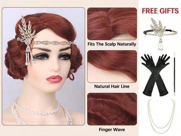 1920s Finger Wave Womens Wig Dark Brown Reddish Brown 20s Flapper Short ...