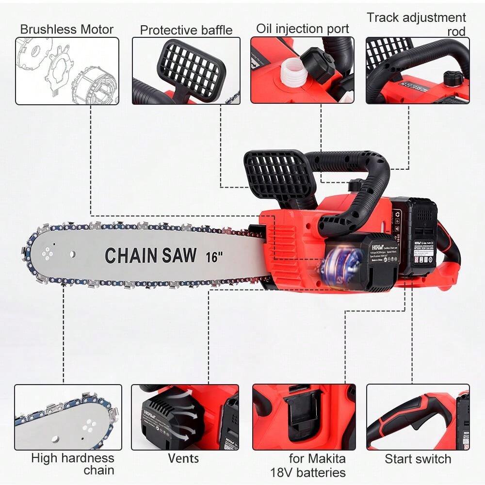 16-Inch Cordless Brushless Electric Chainsaw With Dual Battery Pack ...