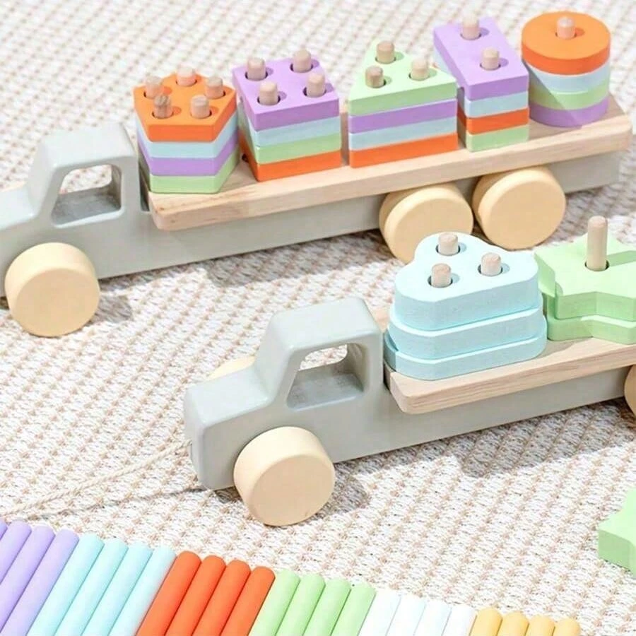 Educational Wooden Stacking And Sorting Truck Toy Set - Colorful Shape ...