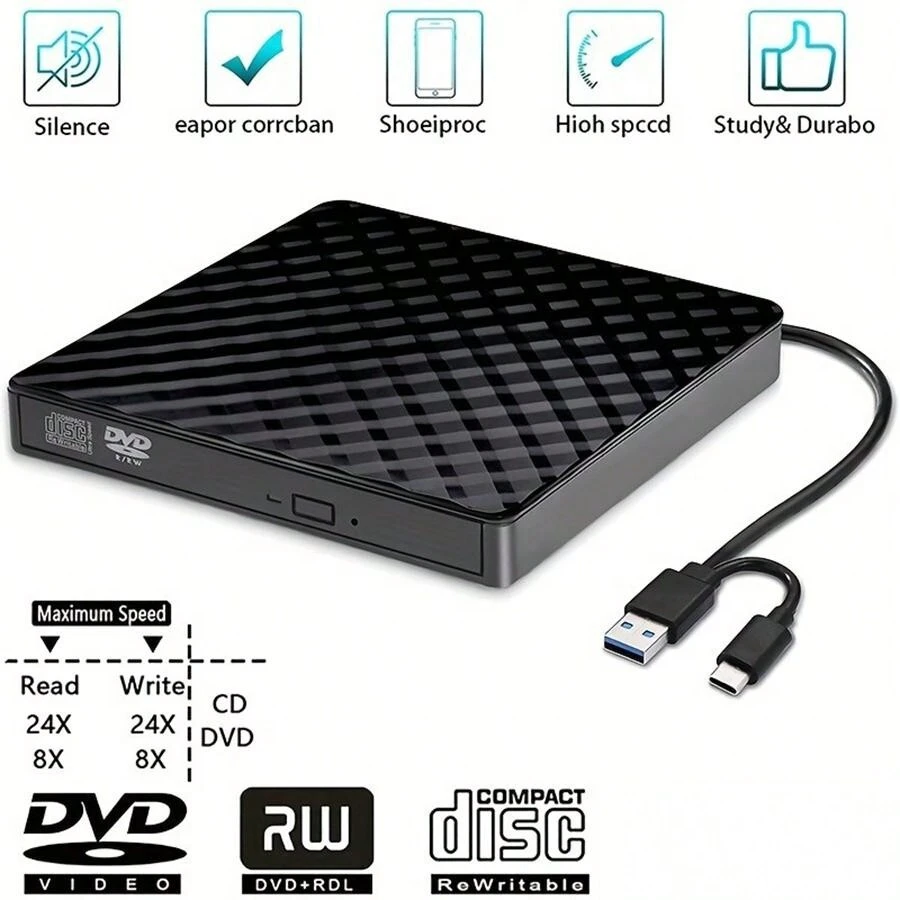 External DVD Drive,USB 3.0 Portable,Type-C Compatible, CD/DVD +/-RW ...