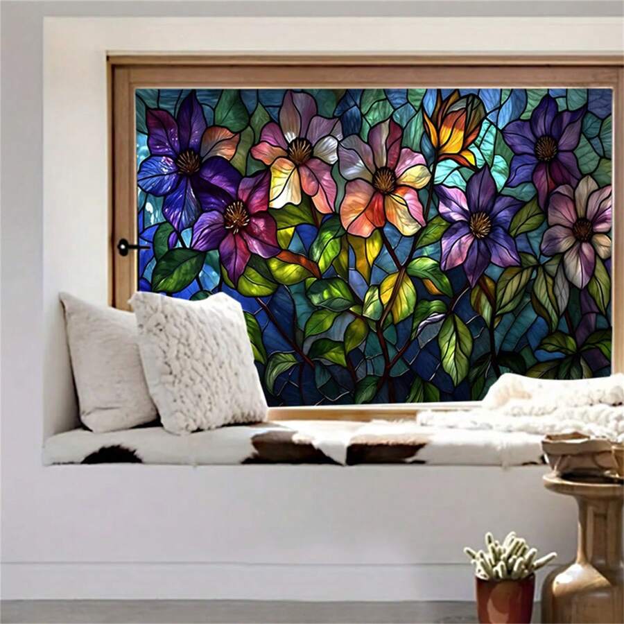 1PC Stained Glass Window Film, Flower Pattern Static Cling Decorative ...
