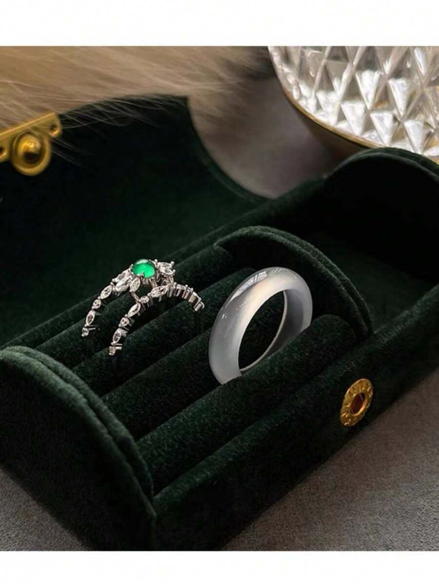 Goddess Style Natural White Jade Ring Set For Women, Silver-Tone Double ...