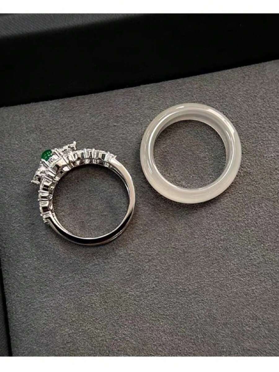 Goddess Style Natural White Jade Ring Set For Women, Silver-Tone Double ...
