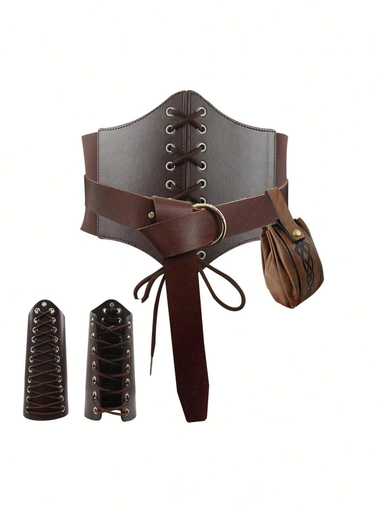 5pcs Brown Medieval Knight Costume Set PU Leather Waist Belt ...