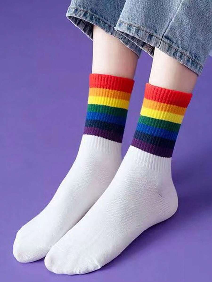 12 Pairs Couple Socks Rainbow Striped Tube Socks Trendy Women's Sports ...