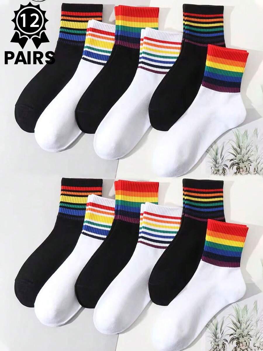 12 Pairs Couple Socks Rainbow Striped Tube Socks Trendy Women's Sports ...