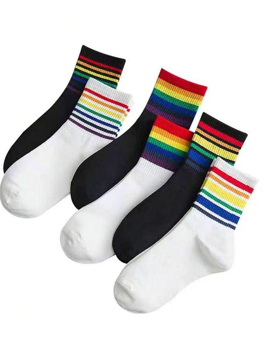 12 Pairs Couple Socks Rainbow Striped Tube Socks Trendy Women's Sports ...