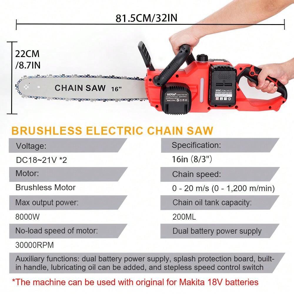 16-Inch Cordless Brushless Electric Chainsaw With Dual Battery Pack ...