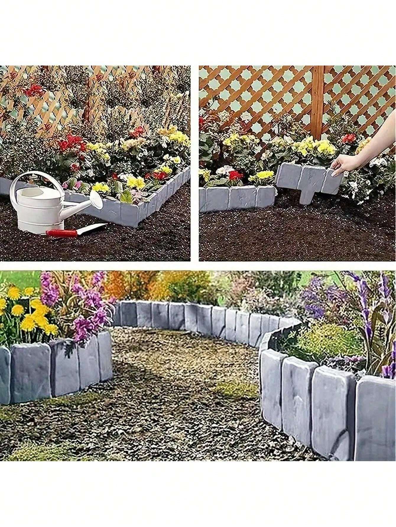 4pcs Interlocking Faux Stone Plastic Garden Edging Fence, Rustic ...