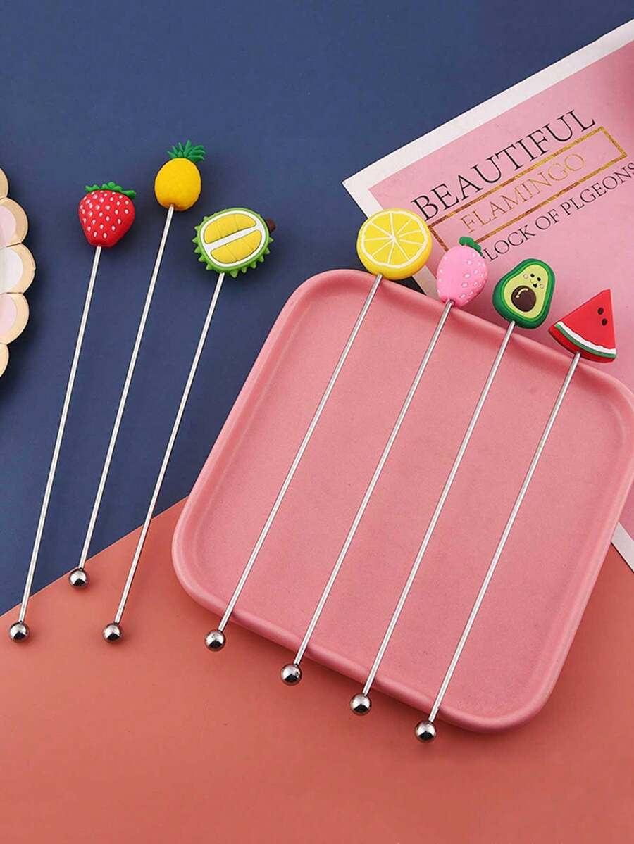 7pcs Stainless Steel Cartoon Fruit Series Cocktail Stirring Spoons, Bar ...