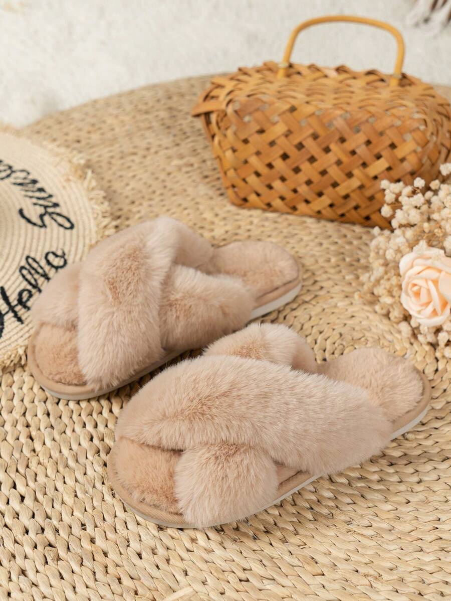 Women's Criss-Cross Fluffy Slip-On Slippers, Popular Cross-Border Fuzzy House Slippers | SHEIN USA
