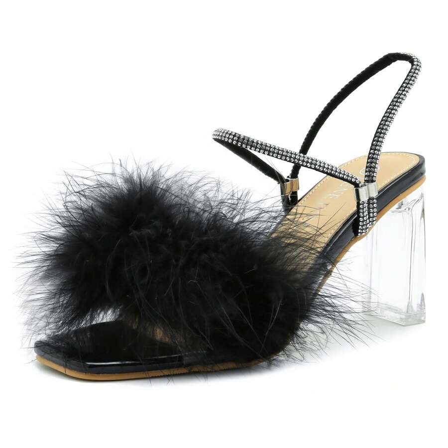 Womens Fluffy Heel Sandals Square Toe Clear Chunky High Heel Fuzzy ...