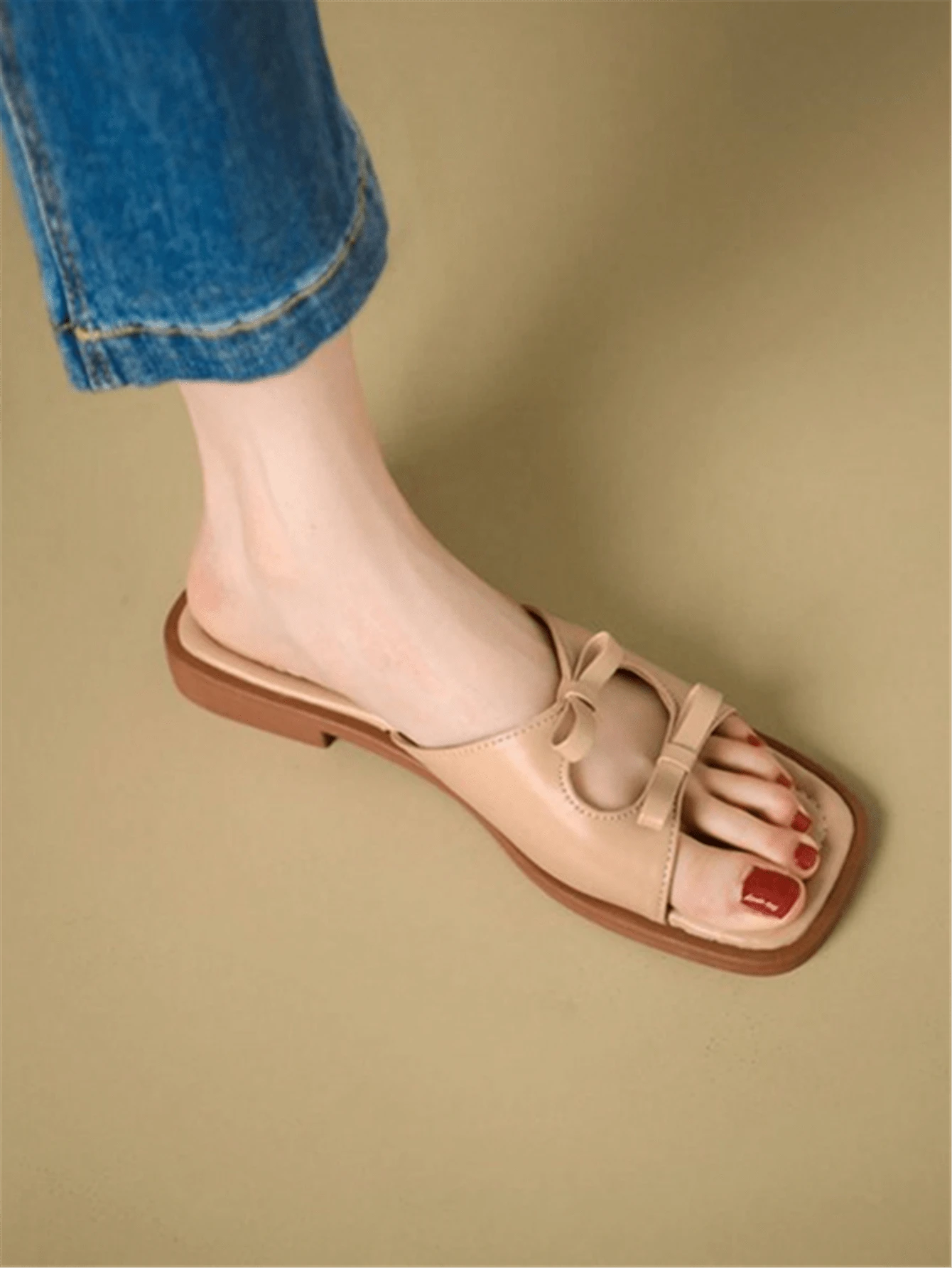 2024 Summer New Elegant French Style Soft Leather Square Toe Flat Slipper For Women, Fairy-Like ...