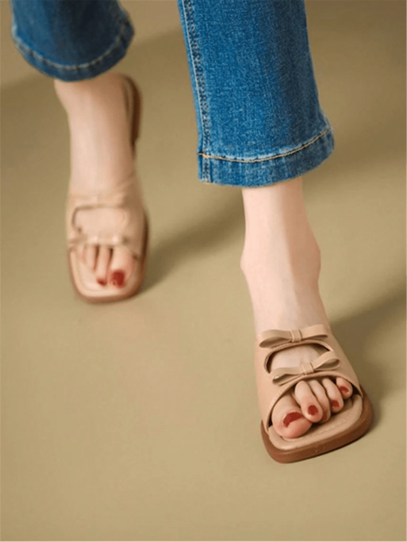 2024 Summer New Elegant French Style Soft Leather Square Toe Flat Slipper For Women, Fairy-Like ...