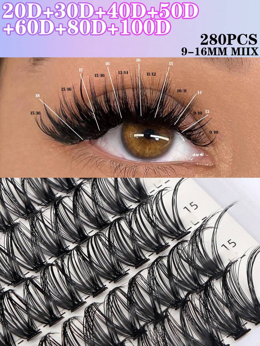 280 Clusters 20D 30D 40D 50D 60D 80D 100D -0.07D-9-16MIX Lash Clusters ...
