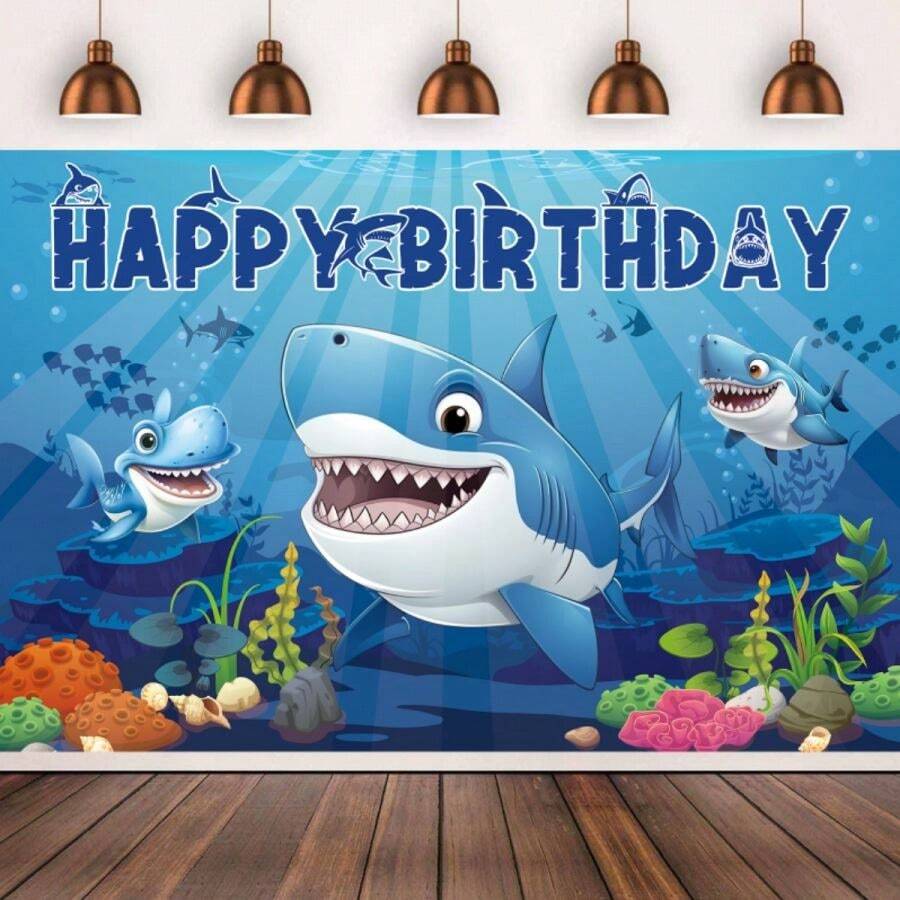 1pc Shark Backdrop For Photo Booth, Shark Happy Birthday Banner, Shark ...