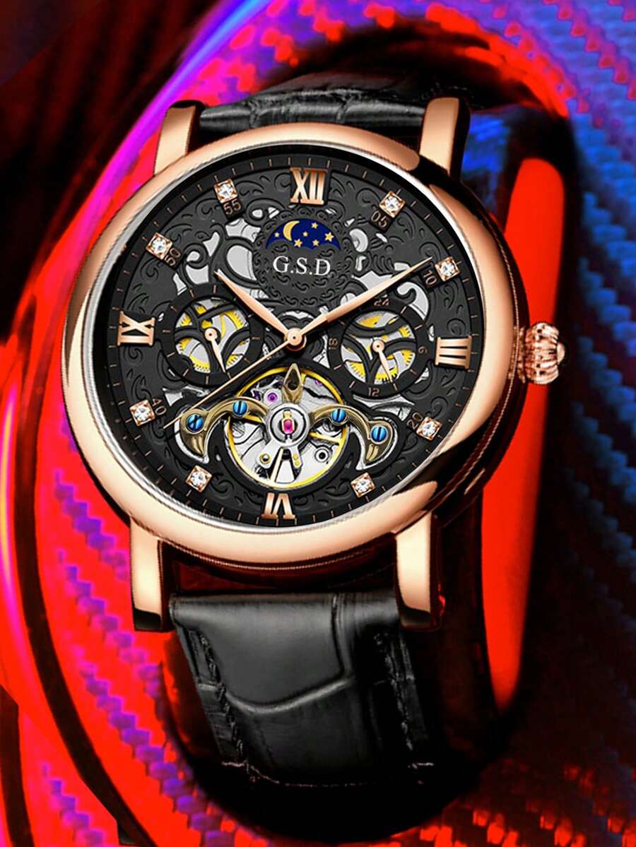 GSD Stylish Automatic Mechanical Watch, Hollow Dial, Men's Watch, Black ...