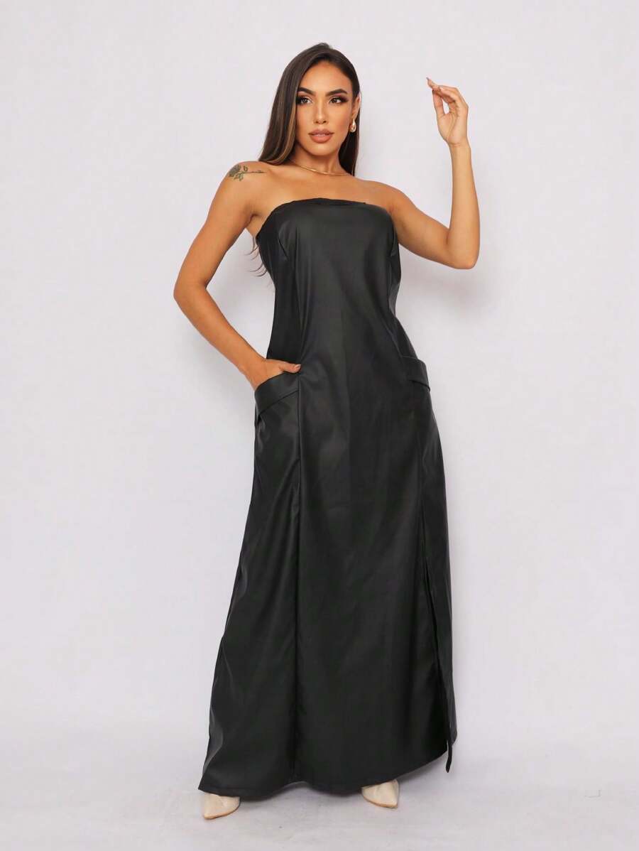 Vestido couro longo tomara que cae com bolsos | SHEIN Brasil