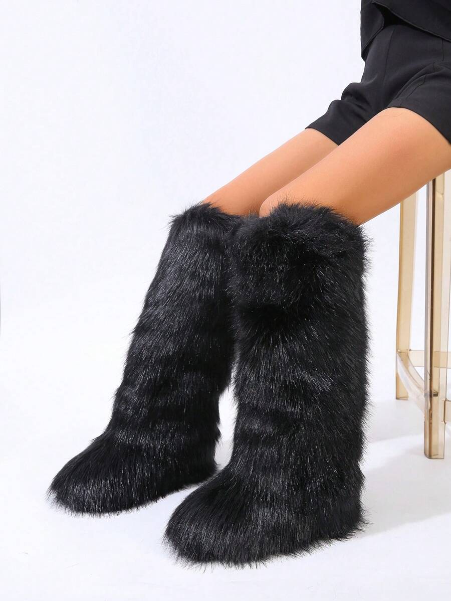 Wear With Tops,Women Winter Fur Boots, Faux Fox Fur Flat Snow Boots ...