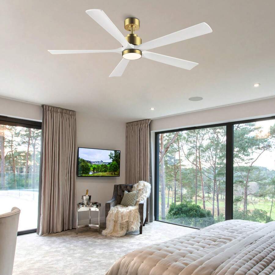 52 Inch Modern Ceiling Fan With Light Kit, 5 Solid Wood Blades, 6-Speed ...