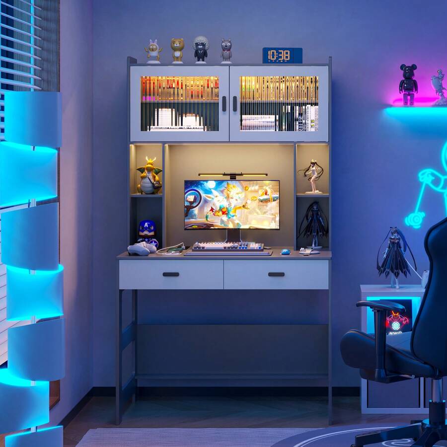 Vlsrka LED Computer Desk With Hutch, 40 Inch Modern Gaming Desk With ...