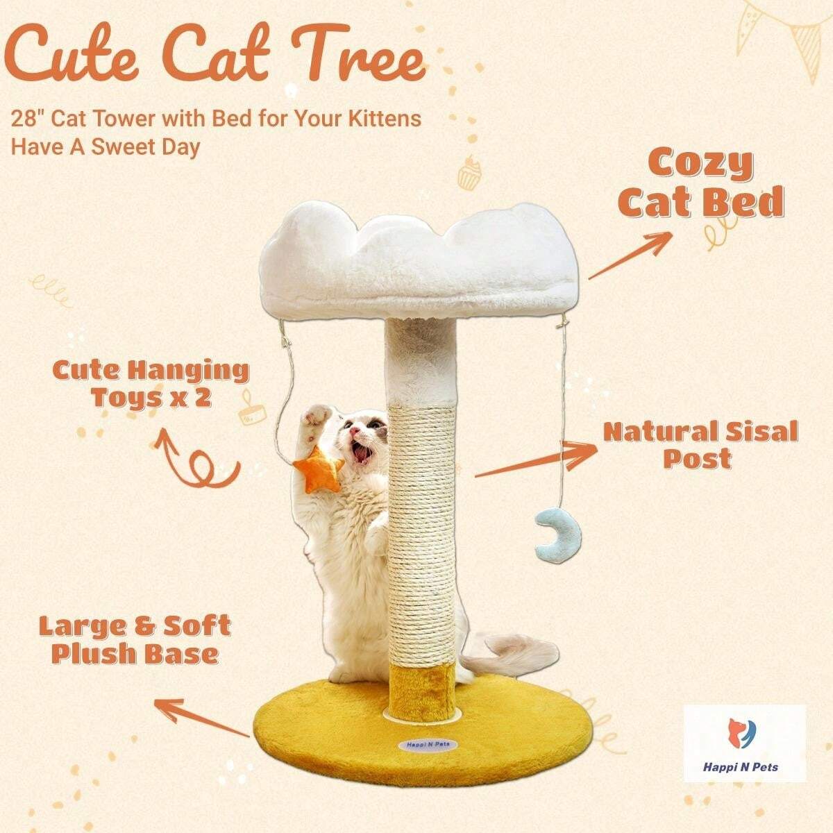 28" Large Size Cloud Cat Scratching Post With Bed, Cat Tree Tower For ...