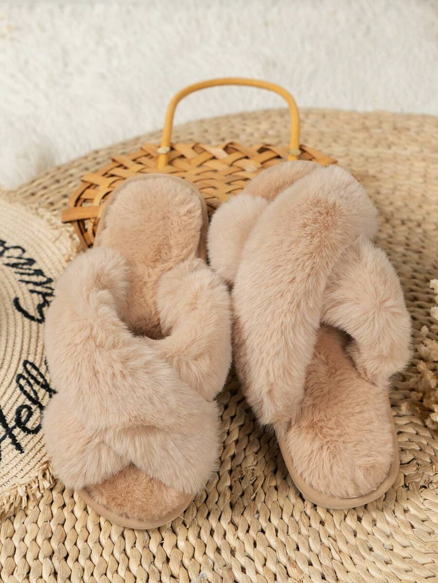 Women's Criss-Cross Fluffy Slip-On Slippers, Popular Cross-Border Fuzzy ...