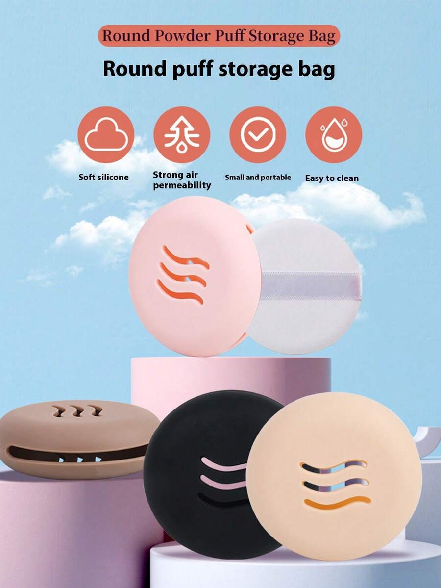1pc Round Silicone Powder Puff Storage Bag, Features: 1. Made Of Soft ...