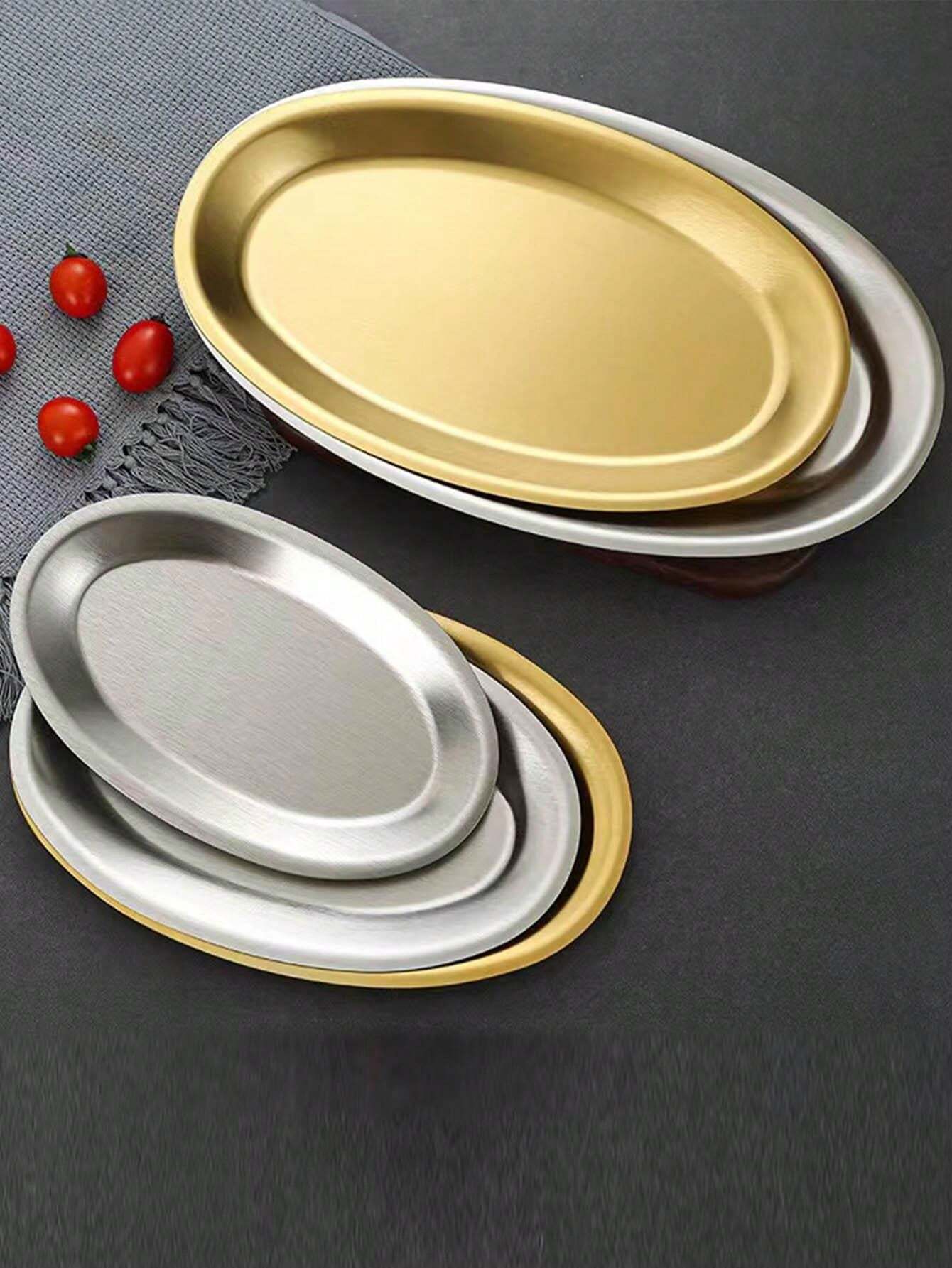 Stainless Steel Egg-Shaped Tray, Gold Elliptical Flat Bottom Plate ...
