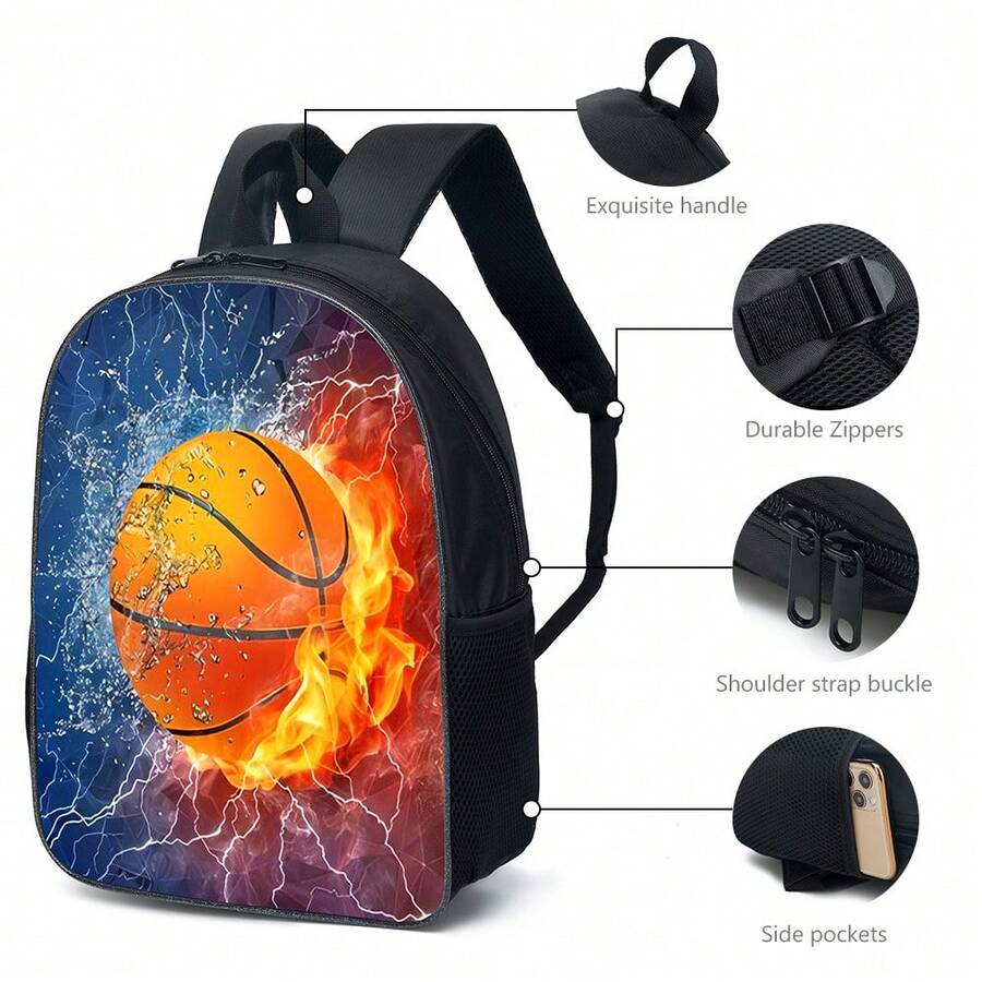 Basketball Print School Backpack For Kids 16 Inch Black Laptop Backpack ...
