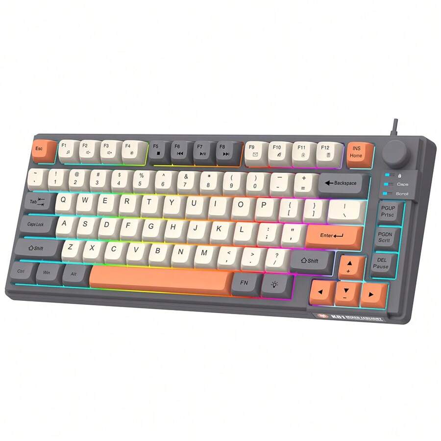 85% Gaming Keyboard, RGB Light Thin Film Rotating Keys USB Interface ...