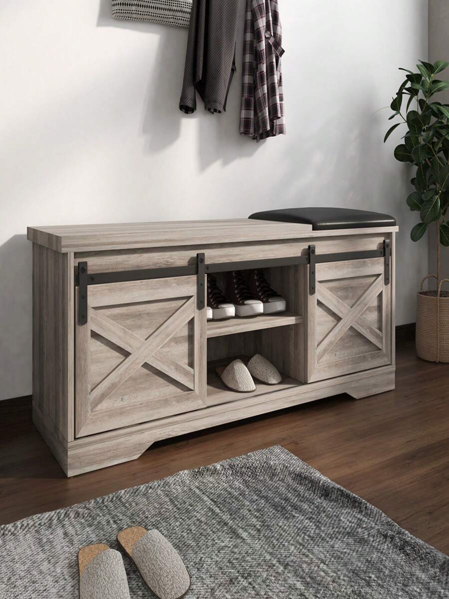 47 Inch Modern Farmhouse Sliding X Barn Door Litterbox Bench With Entry ...