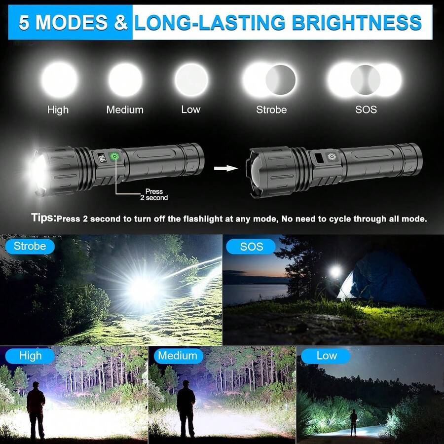 1pc Flashlight LED Rechargeable Extremely Bright 200000 Lumens Tactical ...
