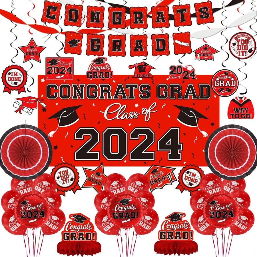 Red Themed 2024 Graduation Decorations Set - Congrats Grad Banner ...