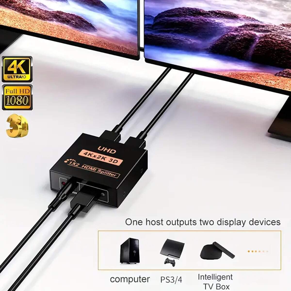 1pc 4kx2k Splitter 1 In 2 Out 4K 30Hz, With Cable, Used For Dual Display/TV HDMI Splitter, With ...