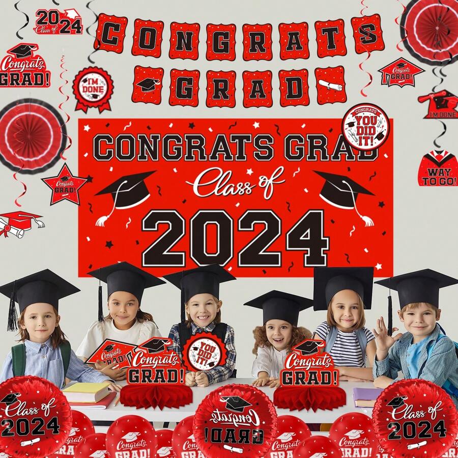 Red Themed 2024 Graduation Decorations Set - Congrats Grad Banner ...