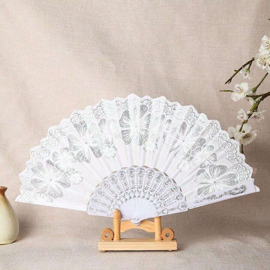 New Silver Chinese Style Folding Fan, White Color With Silver Embossing ...
